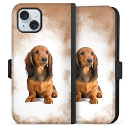 DeinDesign iPhone 15 Handy Klapph&uuml;lle Handyh&uuml;lle aus Kunst Leder schwarz Flip Case Pet Dachshund Dog Sideflip mit Lasche