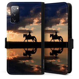 DeinDesign Galaxy S20 Handy Klapph&uuml;lle Handyh&uuml;lle aus Kunst Leder schwarz Flip Case Sunset Horse Horseback Riding Sideflip mit Lasche