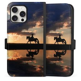 DeinDesign iPhone 15 Pro Max Handy Klapph&uuml;lle Handyh&uuml;lle aus Kunst Leder schwarz Flip Case Sunset Horseback Riding Horse Sideflip mit Lasche