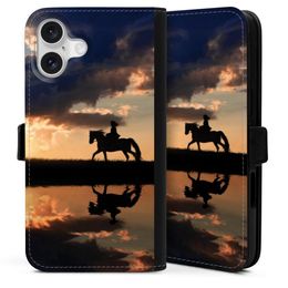 DeinDesign iPhone 16 Plus Handy Klapph&uuml;lle Handyh&uuml;lle aus Kunst Leder schwarz Flip Case Sunset Horseback Riding Horse Sideflip mit Lasche