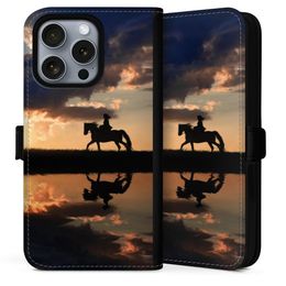 DeinDesign iPhone 16 Pro Max Handy Klapph&uuml;lle Handyh&uuml;lle aus Kunst Leder schwarz Flip Case Sunset Horseback Riding Horse Sideflip mit Lasche