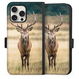DeinDesign iPhone 15 Pro Max Handy Klapph&uuml;lle Handyh&uuml;lle aus Kunst Leder schwarz Flip Case Forrest Deer Meadow Sideflip mit Lasche