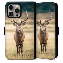 DeinDesign iPhone 16 Pro Handy Klapph&uuml;lle Handyh&uuml;lle aus Kunst Leder schwarz Flip Case Forrest Deer Meadow Sideflip mit Lasche