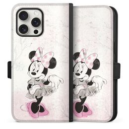DeinDesign iPhone 15 Pro Max Handy Klapph&uuml;lle Handyh&uuml;lle aus Kunst Leder schwarz Flip Case Vintage Minnie Mouse Disney Sideflip mit Lasche