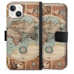DeinDesign iPhone 14 Handy Klapph&uuml;lle Handyh&uuml;lle aus Kunst Leder schwarz Flip Case Vintage Map World Map Sideflip mit Lasche