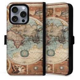 DeinDesign iPhone 16 Pro Max Handy Klapph&uuml;lle Handyh&uuml;lle aus Kunst Leder schwarz Flip Case Vintage Map World Map Sideflip mit Lasche