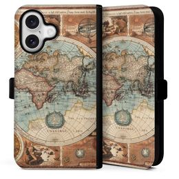DeinDesign iPhone 16 Handy Klapph&uuml;lle Handyh&uuml;lle aus Kunst Leder schwarz Flip Case Vintage Map World Map Sideflip mit Lasche