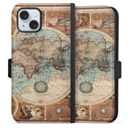 DeinDesign iPhone 15 Handy Klapph&uuml;lle Handyh&uuml;lle aus Kunst Leder schwarz Flip Case Vintage Map World Map Sideflip mit Lasche
