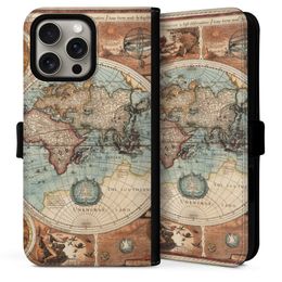 DeinDesign iPhone 16 Pro Handy Klapph&uuml;lle Handyh&uuml;lle aus Kunst Leder schwarz Flip Case Vintage Map World Map Sideflip mit Lasche