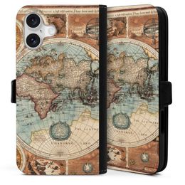 DeinDesign iPhone 16 Plus Handy Klapph&uuml;lle Handyh&uuml;lle aus Kunst Leder schwarz Flip Case Vintage Map World Map Sideflip mit Lasche