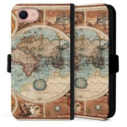 DeinDesign iPhone 16e Handy Klapph&uuml;lle Handyh&uuml;lle aus Kunst Leder schwarz Flip Case Vintage Map World Map Sideflip mit Lasche