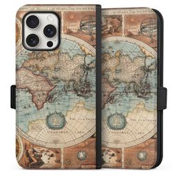 DeinDesign iPhone 15 Pro Max Handy Klapph&uuml;lle Handyh&uuml;lle aus Kunst Leder schwarz Flip Case Vintage Map World Map Sideflip mit Lasche