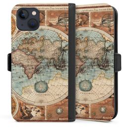 DeinDesign iPhone 13 Handy Klapph&uuml;lle Handyh&uuml;lle aus Kunst Leder schwarz Flip Case Vintage Map World Map Sideflip mit Lasche