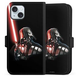 DeinDesign iPhone 15 Handy Klapph&uuml;lle Handyh&uuml;lle aus Kunst Leder schwarz Flip Case Merchandise Darth Vader Star Wars Sideflip mit Lasche