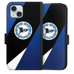 DeinDesign iPhone 15 Handy Klapph&uuml;lle Handyh&uuml;lle aus Kunst Leder schwarz Flip Case Official Licensed Product Dsc Arminia Bielefeld Sideflip mit Lasche
