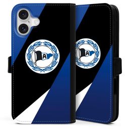 DeinDesign iPhone 16 Plus Handy Klapph&uuml;lle Handyh&uuml;lle aus Kunst Leder schwarz Flip Case Official Licensed Product Dsc Arminia Bielefeld Sideflip mit Lasche