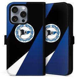 DeinDesign iPhone 16 Pro Max Handy Klapph&uuml;lle Handyh&uuml;lle aus Kunst Leder schwarz Flip Case Official Licensed Product Dsc Arminia Bielefeld Sideflip mit Lasche