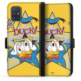 DeinDesign Galaxy A51 Handy Klapph&uuml;lle Handyh&uuml;lle aus Kunst Leder schwarz Flip Case Donald Duck Disney Official Licensed Product Sideflip mit Lasche