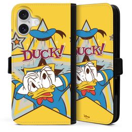 DeinDesign iPhone 16 Plus Handy Klapph&uuml;lle Handyh&uuml;lle aus Kunst Leder schwarz Flip Case Donald Duck Disney Official Licensed Product Sideflip mit Lasche