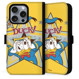 DeinDesign iPhone 16 Pro Max Handy Klapph&uuml;lle Handyh&uuml;lle aus Kunst Leder schwarz Flip Case Donald Duck Disney Official Licensed Product Sideflip mit Lasche