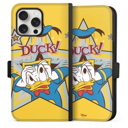 DeinDesign iPhone 15 Pro Max Handy Klapph&uuml;lle Handyh&uuml;lle aus Kunst Leder schwarz Flip Case Donald Duck Disney Official Licensed Product Sideflip mit Lasche