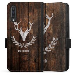 DeinDesign Galaxy A50 Handy Klapph&uuml;lle Handyh&uuml;lle aus Kunst Leder schwarz Flip Case Wooden Look Deer Wood Sideflip mit Lasche