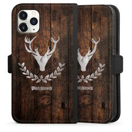 DeinDesign iPhone 11 Pro Handy Klapph&uuml;lle Handyh&uuml;lle aus Kunst Leder schwarz Flip Case Wooden Look Deer Wood Sideflip mit Lasche