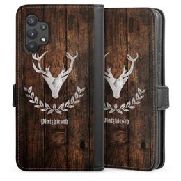 DeinDesign Galaxy A32 4G Handy Klapph&uuml;lle Handyh&uuml;lle aus Kunst Leder schwarz Flip Case Wooden Look Deer Wood Sideflip mit Lasche