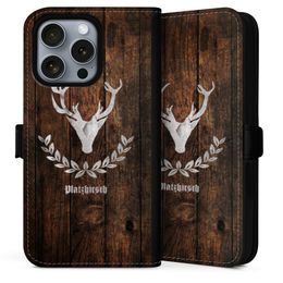 DeinDesign iPhone 16 Pro Max Handy Klapph&uuml;lle Handyh&uuml;lle aus Kunst Leder schwarz Flip Case Wooden Look Deer Wood Sideflip mit Lasche