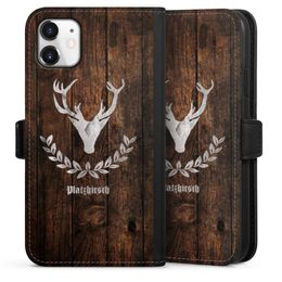 DeinDesign iPhone 11 Handy Klapph&uuml;lle Handyh&uuml;lle aus Kunst Leder schwarz Flip Case Wooden Look Deer Wood Sideflip mit Lasche