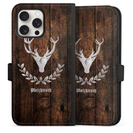 DeinDesign iPhone 15 Pro Max Handy Klapph&uuml;lle Handyh&uuml;lle aus Kunst Leder schwarz Flip Case Wooden Look Deer Wood Sideflip mit Lasche