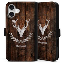 DeinDesign iPhone 16 Plus Handy Klapph&uuml;lle Handyh&uuml;lle aus Kunst Leder schwarz Flip Case Wooden Look Deer Wood Sideflip mit Lasche