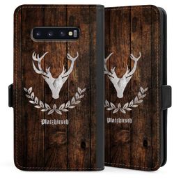 DeinDesign Galaxy S10 Plus Handy Klapph&uuml;lle Handyh&uuml;lle aus Kunst Leder schwarz Flip Case Wooden Look Deer Wood Sideflip mit Lasche