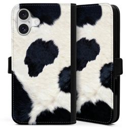DeinDesign iPhone 16 Plus Handy Klapph&uuml;lle Handyh&uuml;lle aus Kunst Leder schwarz Flip Case Animal Look Animal Print Cow Skin Sideflip mit Lasche