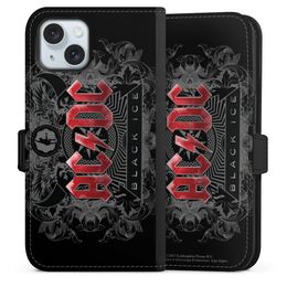 DeinDesign iPhone 15 Handy Klapph&uuml;lle Handyh&uuml;lle aus Kunst Leder schwarz Flip Case Merchandise Black Ice Acdc Sideflip mit Lasche