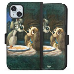 DeinDesign iPhone 15 Handy Klapph&uuml;lle Handyh&uuml;lle aus Kunst Leder schwarz Flip Case Lady And The Tramp Disney Official Licensed Product Sideflip mit Lasche