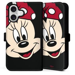 DeinDesign iPhone 16 Handy Klapph&uuml;lle Handyh&uuml;lle aus Kunst Leder schwarz Flip Case Disney Minnie Mouse Official Licensed Product Sideflip mit Lasche