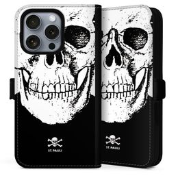 DeinDesign iPhone 16 Pro Max Handy Klapph&uuml;lle Handyh&uuml;lle aus Kunst Leder schwarz Flip Case Totenkopf Fc St. Pauli Official Licensed Product Sideflip mit Lasche
