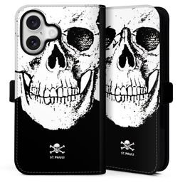 DeinDesign iPhone 16 Handy Klapph&uuml;lle Handyh&uuml;lle aus Kunst Leder schwarz Flip Case Totenkopf Fc St. Pauli Official Licensed Product Sideflip mit Lasche