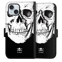 DeinDesign iPhone 15 Handy Klapph&uuml;lle Handyh&uuml;lle aus Kunst Leder schwarz Flip Case Totenkopf Fc St. Pauli Official Licensed Product Sideflip mit Lasche