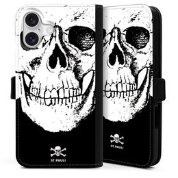 DeinDesign iPhone 16 Plus Handy Klapph&uuml;lle Handyh&uuml;lle aus Kunst Leder schwarz Flip Case Totenkopf Fc St. Pauli Official Licensed Product Sideflip mit Lasche