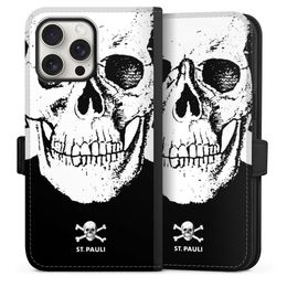 DeinDesign iPhone 15 Pro Max Handy Klapph&uuml;lle Handyh&uuml;lle aus Kunst Leder schwarz Flip Case Totenkopf Fc St. Pauli Official Licensed Product Sideflip mit Lasche