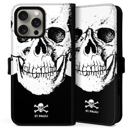 DeinDesign iPhone 16 Pro Handy Klapph&uuml;lle Handyh&uuml;lle aus Kunst Leder schwarz Flip Case Totenkopf Fc St. Pauli Official Licensed Product Sideflip mit Lasche