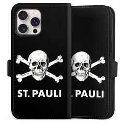 DeinDesign iPhone 15 Pro Max Handy Klapph&uuml;lle Handyh&uuml;lle aus Kunst Leder schwarz Flip Case Totenkopf Fc St. Pauli Official Licensed Product Sideflip mit Lasche