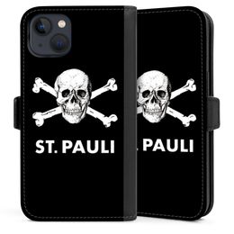DeinDesign iPhone 13 Handy Klapph&uuml;lle Handyh&uuml;lle aus Kunst Leder schwarz Flip Case Totenkopf Fc St. Pauli Official Licensed Product Sideflip mit Lasche
