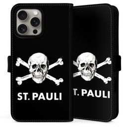 DeinDesign iPhone 16 Pro Handy Klapph&uuml;lle Handyh&uuml;lle aus Kunst Leder schwarz Flip Case Totenkopf Fc St. Pauli Official Licensed Product Sideflip mit Lasche