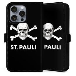 DeinDesign iPhone 16 Pro Max Handy Klapph&uuml;lle Handyh&uuml;lle aus Kunst Leder schwarz Flip Case Totenkopf Fc St. Pauli Official Licensed Product Sideflip mit Lasche