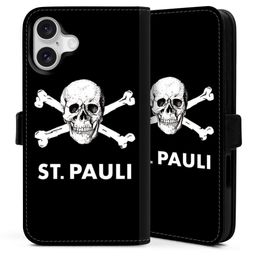 DeinDesign iPhone 16 Plus Handy Klapph&uuml;lle Handyh&uuml;lle aus Kunst Leder schwarz Flip Case Totenkopf Fc St. Pauli Official Licensed Product Sideflip mit Lasche