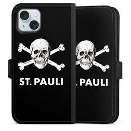 DeinDesign iPhone 15 Handy Klapph&uuml;lle Handyh&uuml;lle aus Kunst Leder schwarz Flip Case Totenkopf Fc St. Pauli Official Licensed Product Sideflip mit Lasche