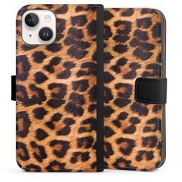 DeinDesign iPhone 14 Handy Klapph&uuml;lle Handyh&uuml;lle aus Kunst Leder schwarz Flip Case Animal Print Leopard Fur Sideflip mit Lasche